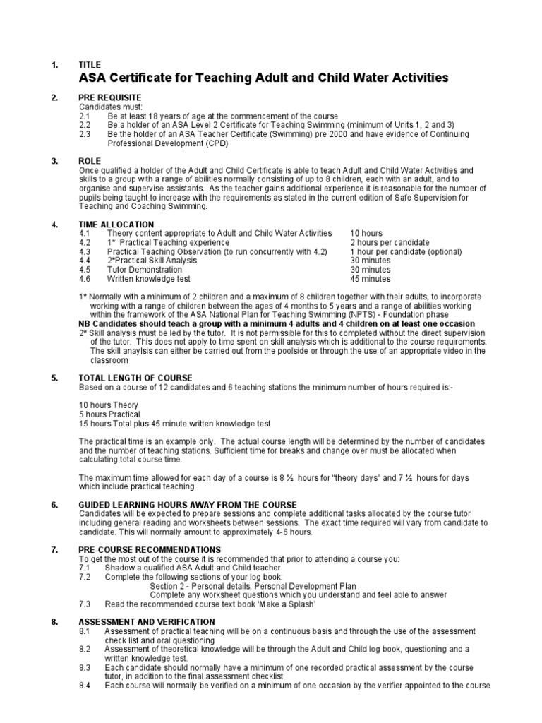 ASA Certificate for Teaching Adult and Child Water Activities | PDF ...