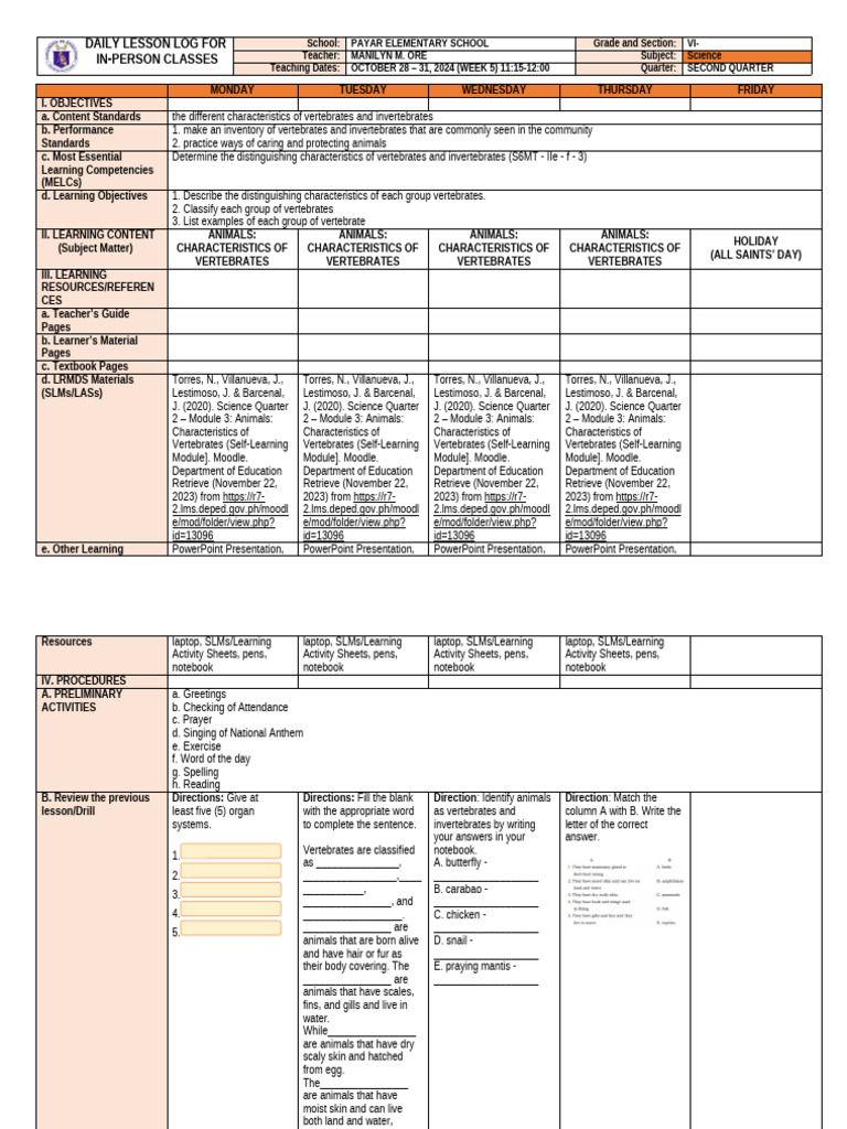 G6 Q2W5 DLL SCIENCE (MELCs) | PDF | Beak | Lactation