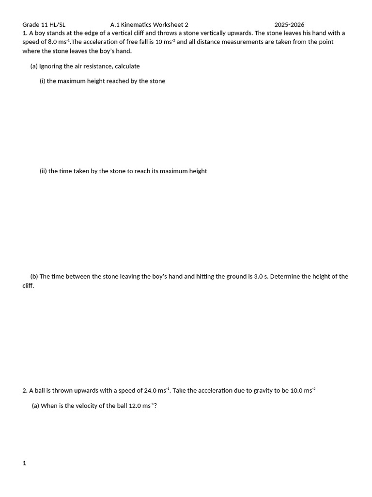 Grade 11 SL A.1 Kinematics Worksheet 2 | PDF | Speed | Acceleration