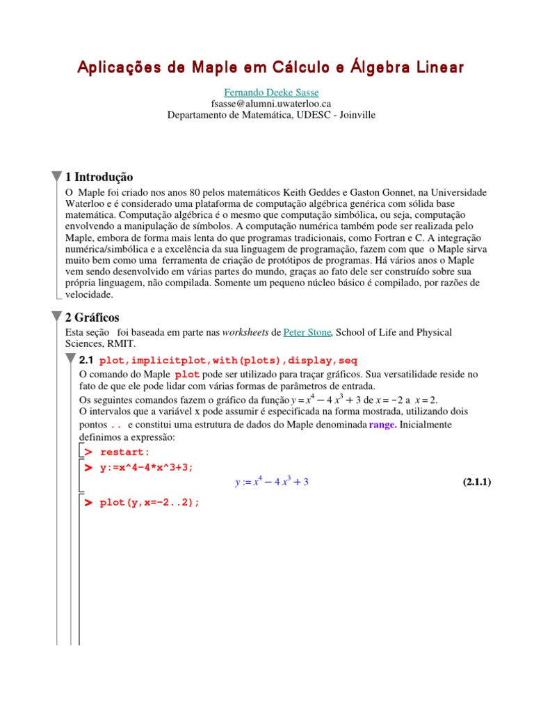 Apostila - Aplicações de Maple em Cálculo e Álgebra Linear | PDF ...