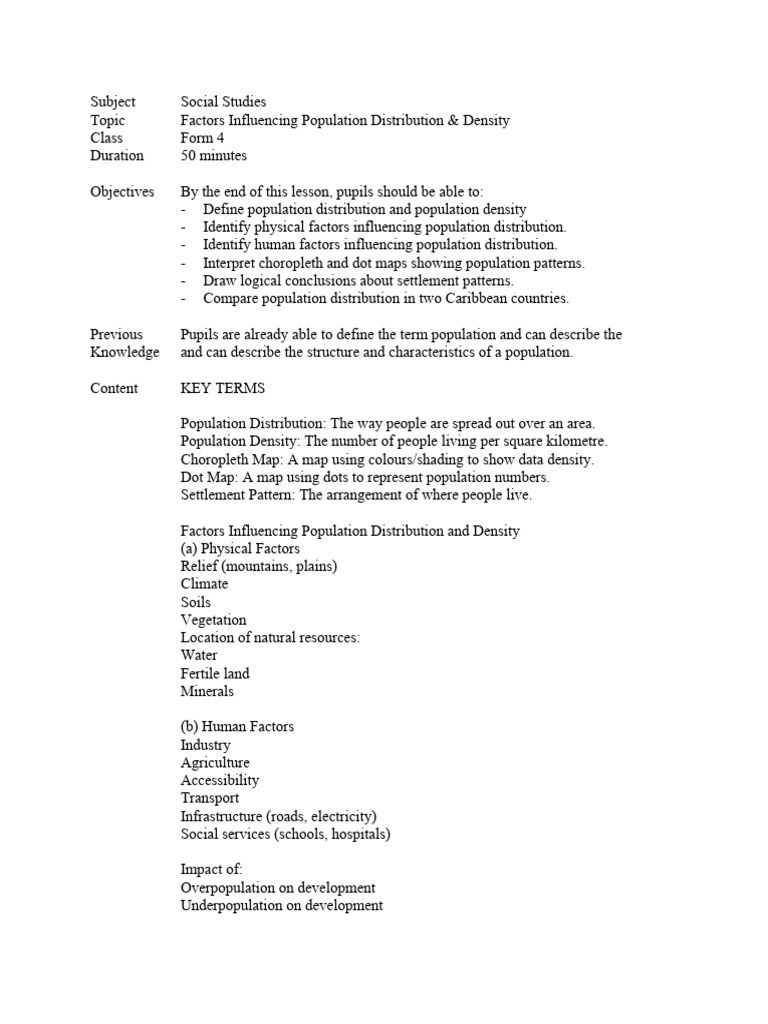 Social Studies Lesson Plan - Form 4 Population Density | PDF | Map ...