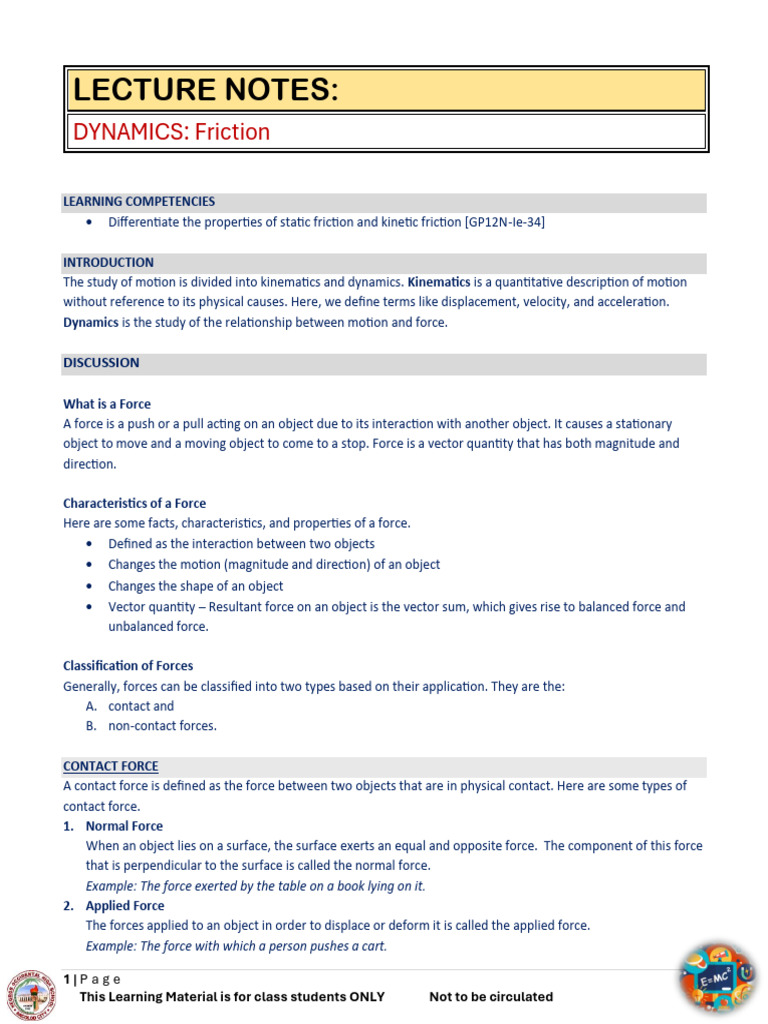 Lecture Notes Friction | PDF | Force | Friction