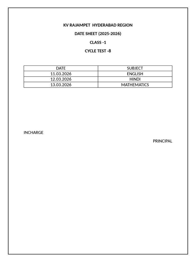 Class 1 Cycle 8 Time Table | PDF