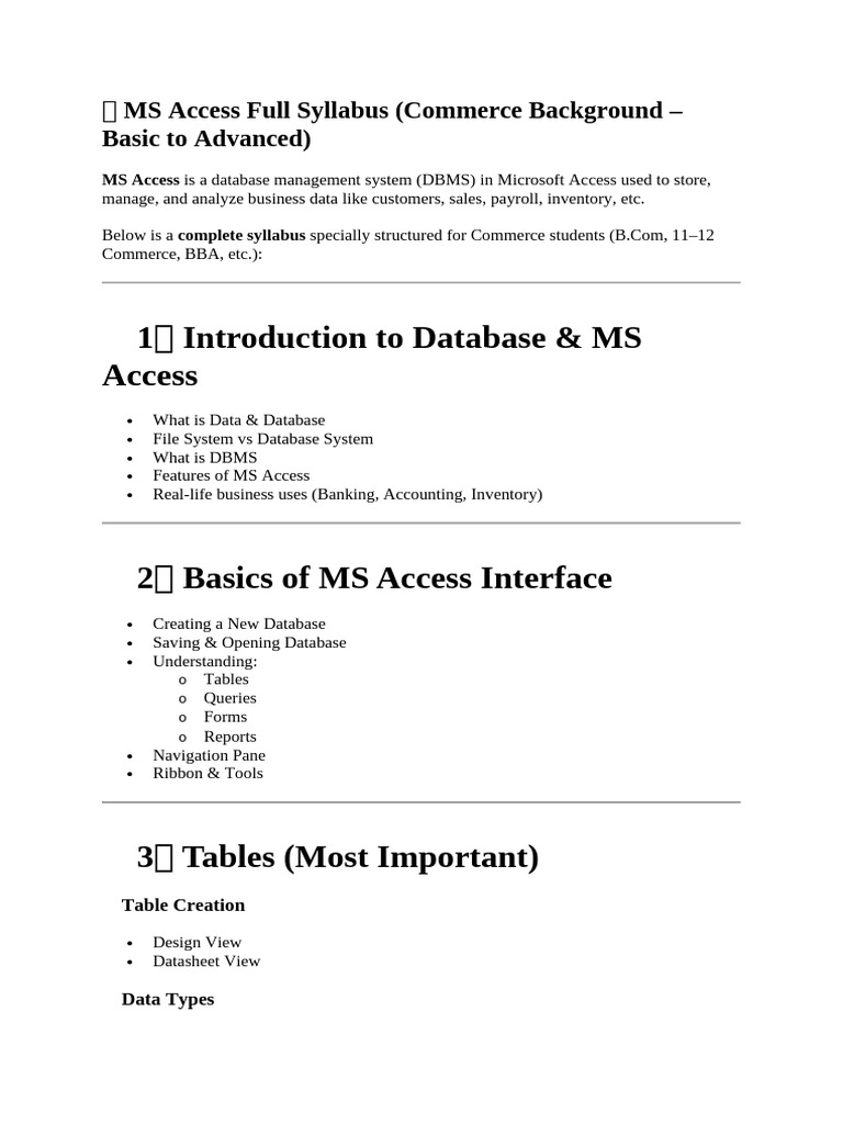 ? MS Access Full Syllabus | PDF | Microsoft Access | Databases