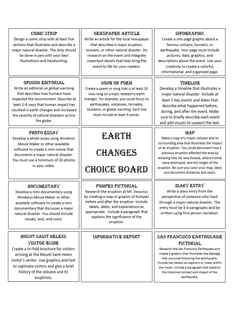 Benchmark Choice Board Template (Earth Changes) | PDF | Natural ...