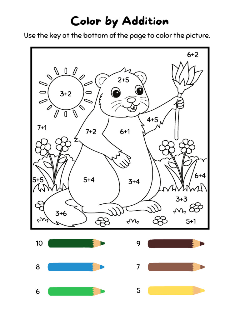 Groundhog Day Addition Coloring Worksheet | PDF