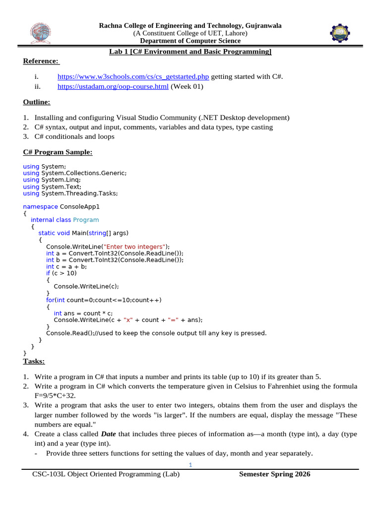 OOP Lab 1 C# Environment and Basic | PDF | C Sharp (Programming ...