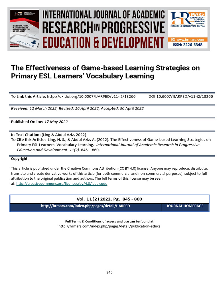 The Effectiveness of Game Based Learning Strategies On Primary ESL ...