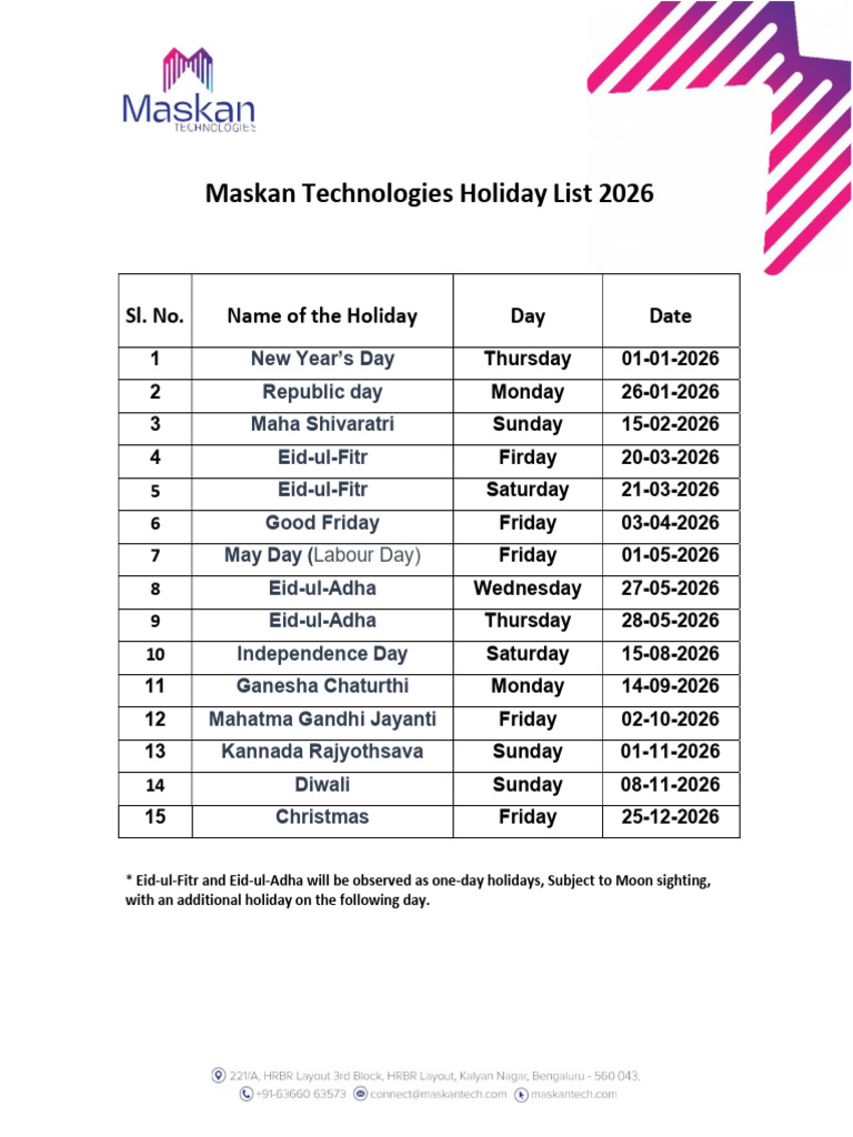 Maskan Holidays List 2026 | PDF