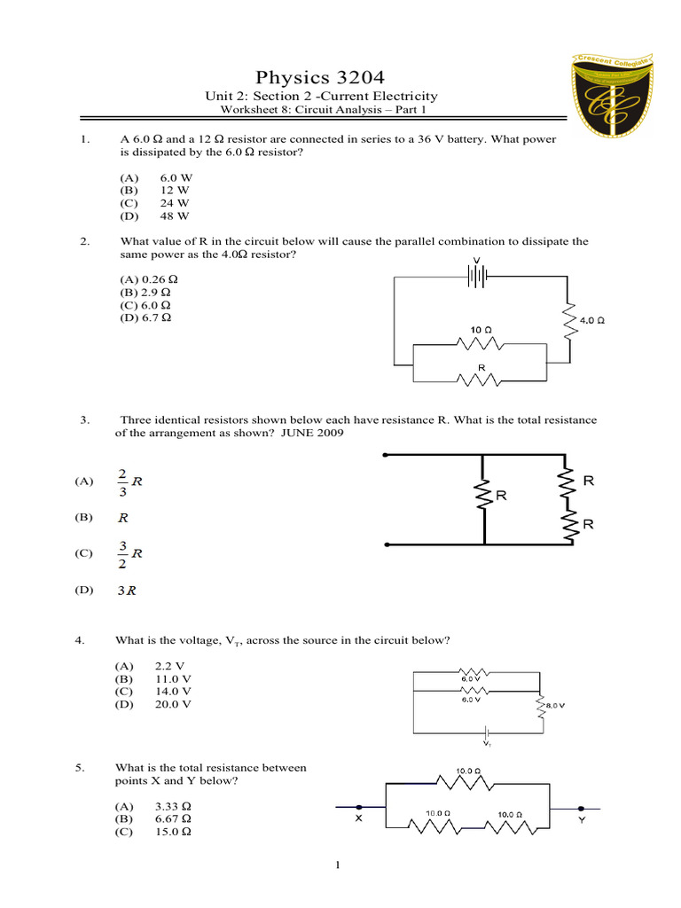 Physics 3204 Unit 2 Current Electricity Worksheet 8 Circuit Analysis ...