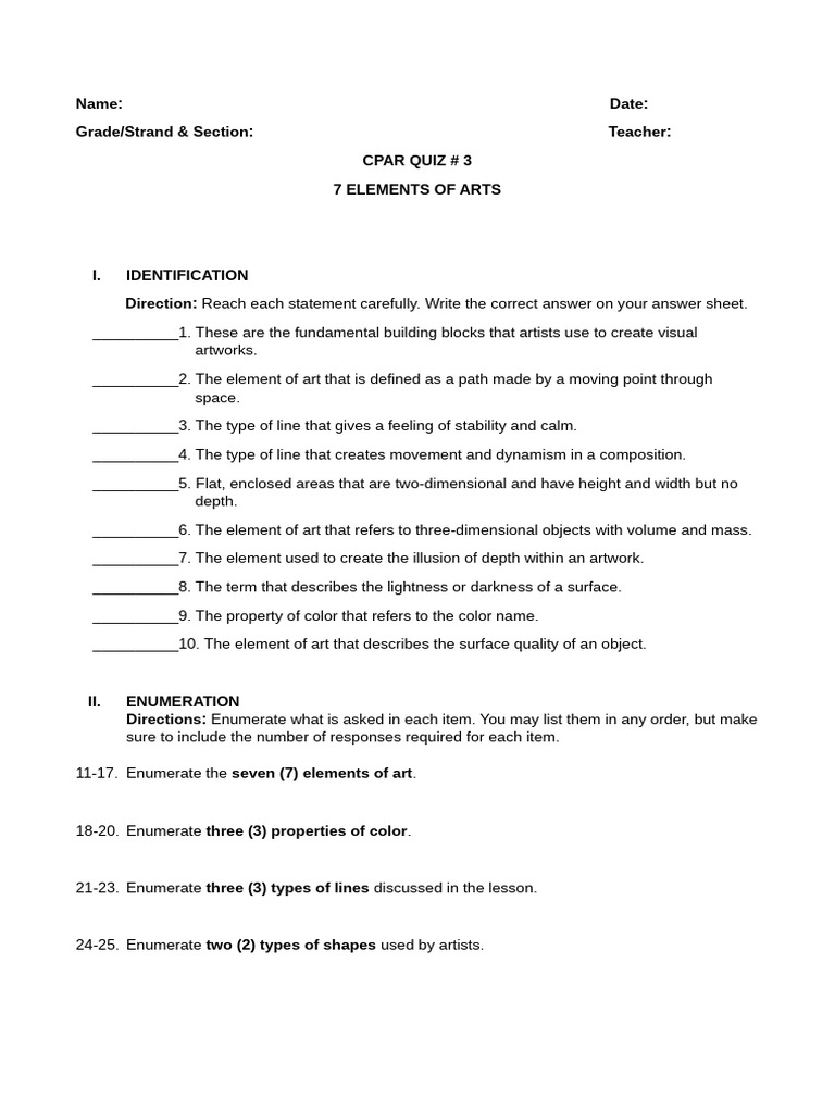 Quiz No. 3 Cpar Elements of Arts | PDF | Vision | Light