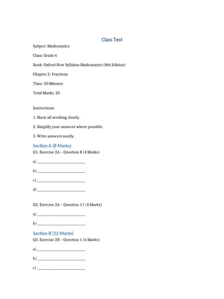 Class Test Chapter 2 Fractions | PDF
