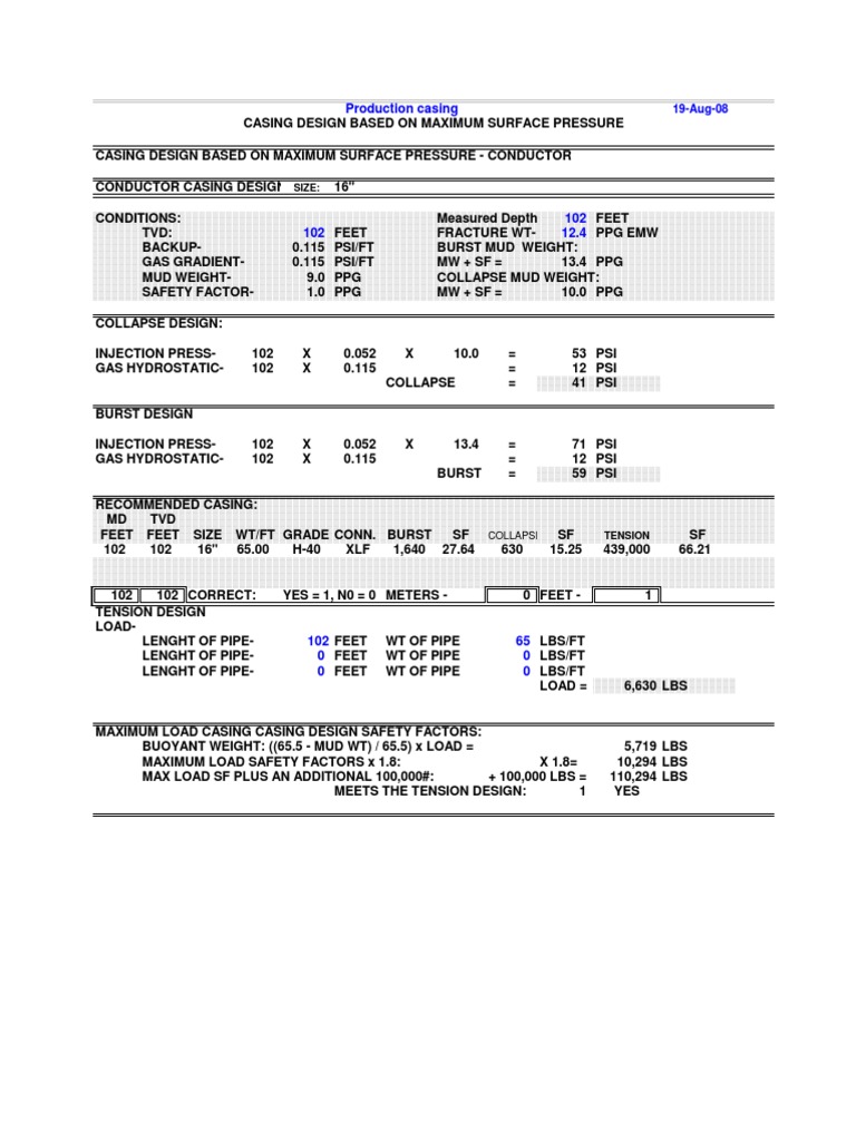 Casing Calculations | PDF | Casing (Borehole) | Pressure