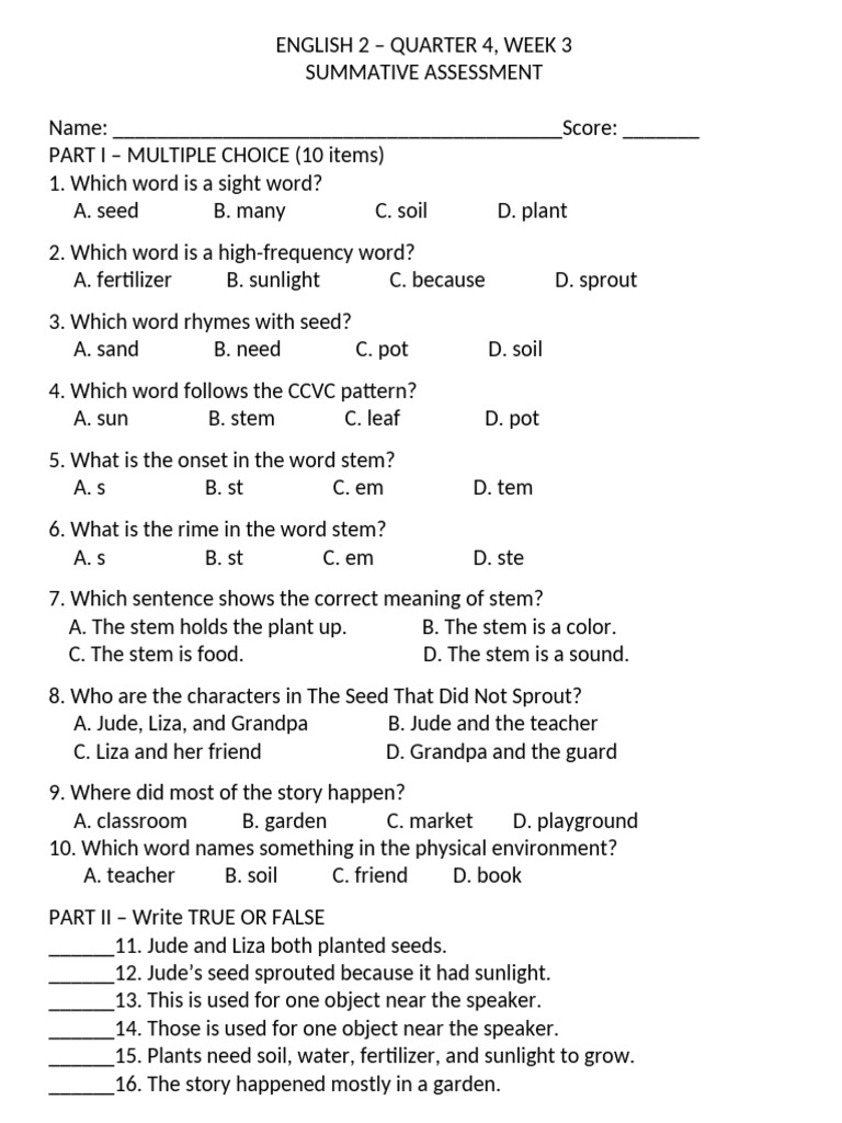 Summative Test English 2 q4w3 | PDF | Seed | Chess