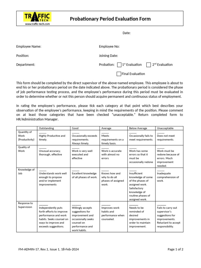 FM-ADMIN-17 Probationary Period Evaluation Form | PDF | Psychology ...