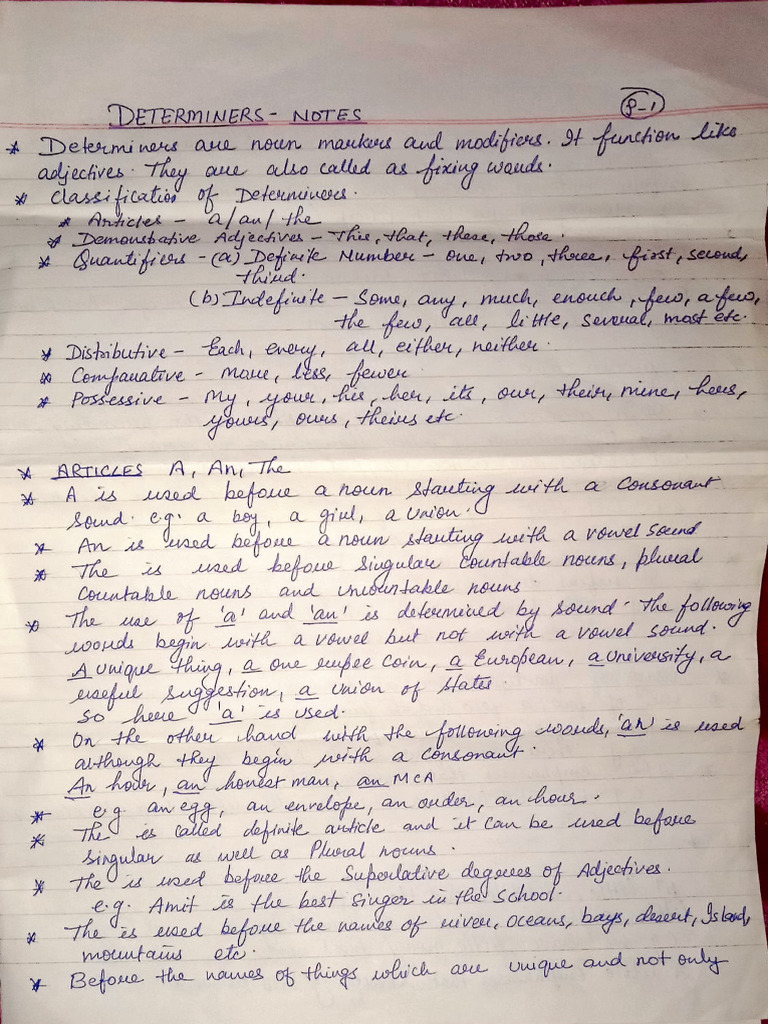 Determiners Notes. | PDF