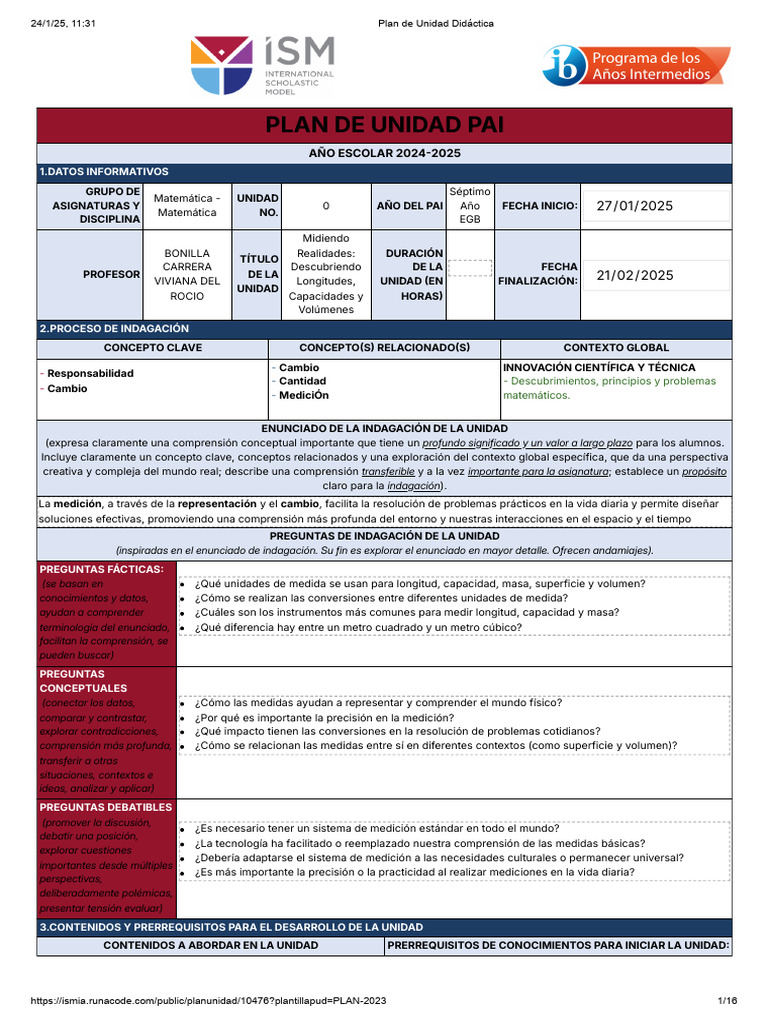 Plan de Unidad Didáctica UNIDAD 4 PAI 1VB | PDF | Medición | Volumen