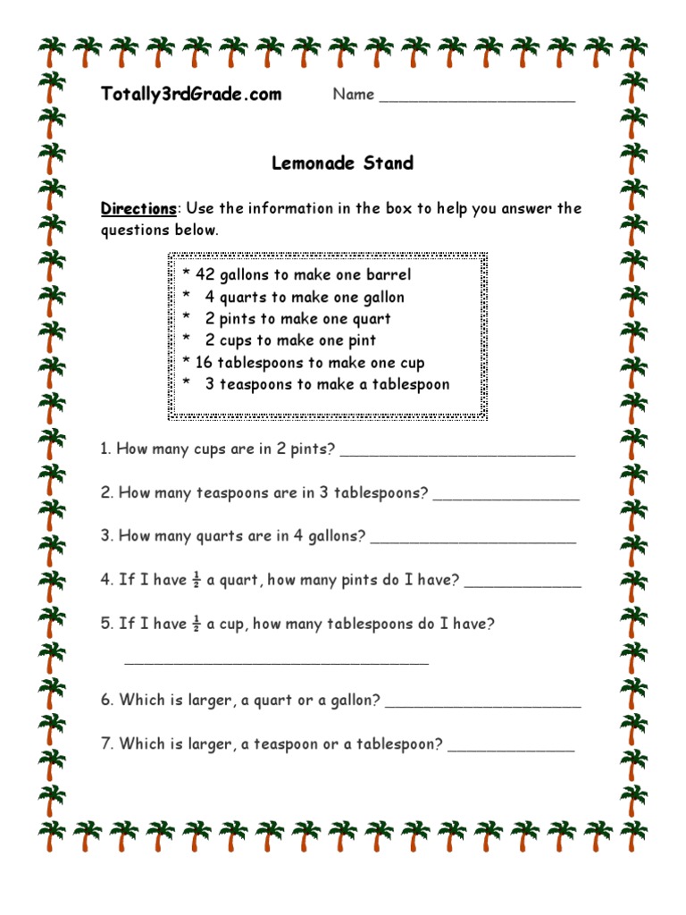 3rd Grade - Liquid Measurement Worksheet | PDF