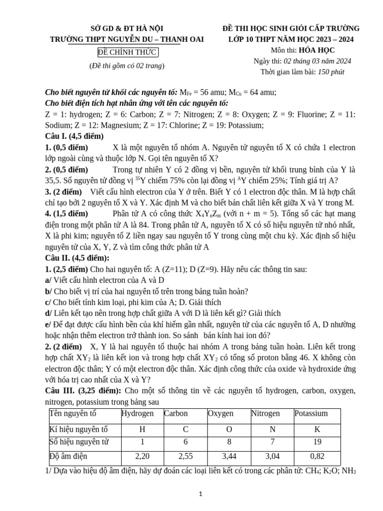 Đề Thi HSG Hoá Học 10 - 02.03.2024 | PDF