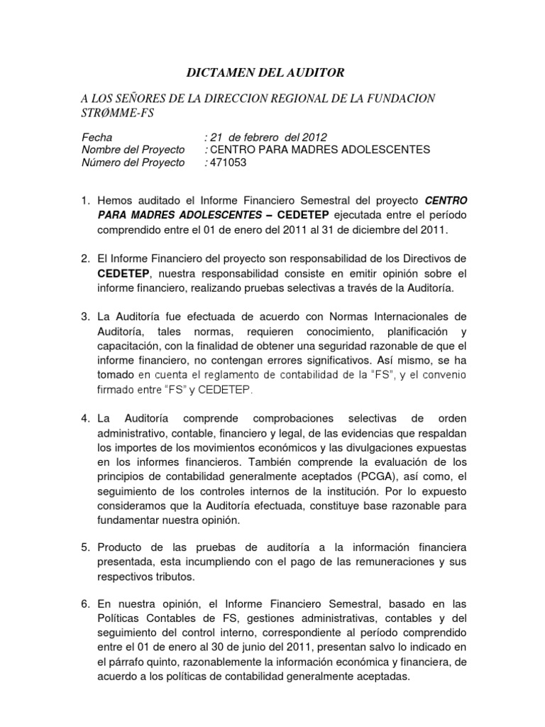 Dictamen Del Auditor Informe Largo Cedetep | Descargar gratis PDF | Auditoría financiera ...
