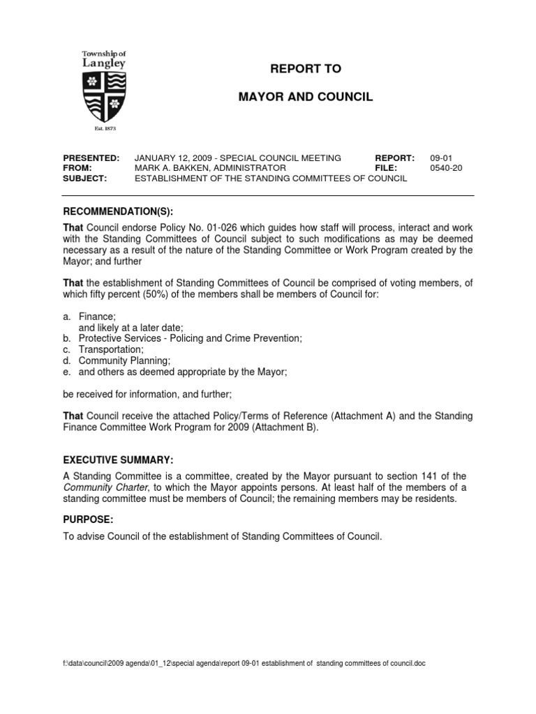 Establishment Of The 2009 Standing Committees Of Council Pdf