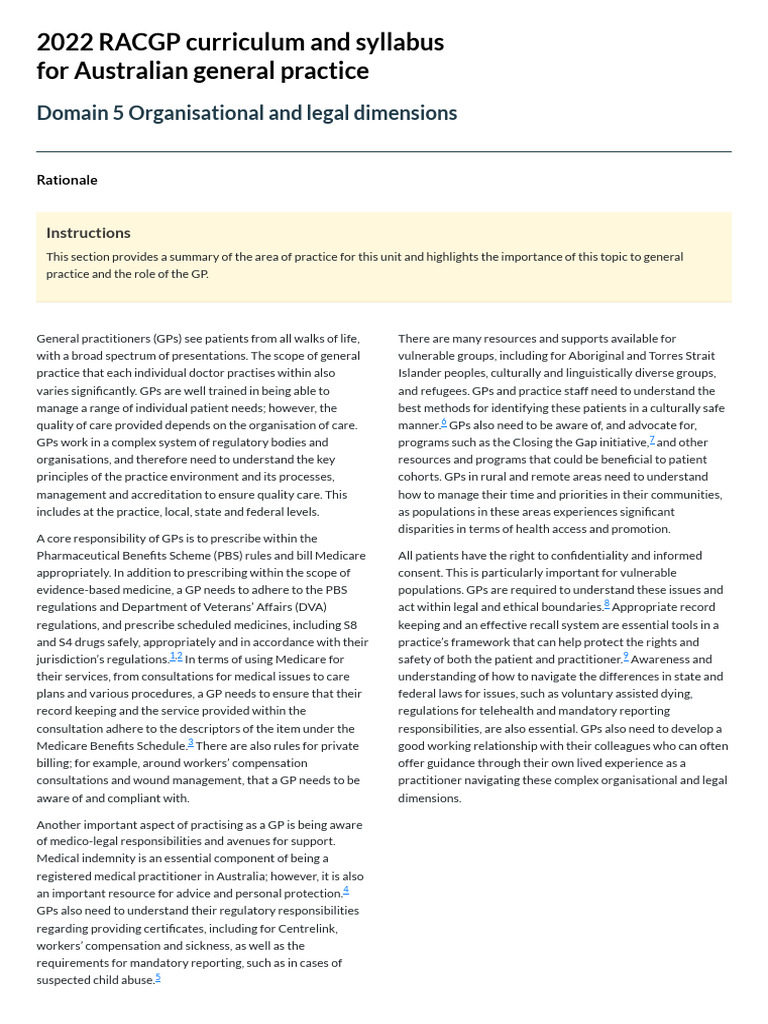 RACGP Domain 5 Organisational and Legal Dimensions | PDF