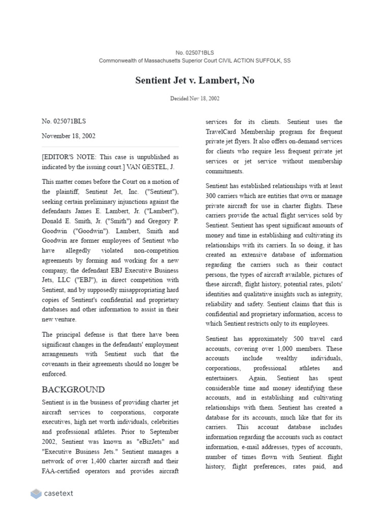 Sentient Jet V Lambert-NDA | PDF | Common Law