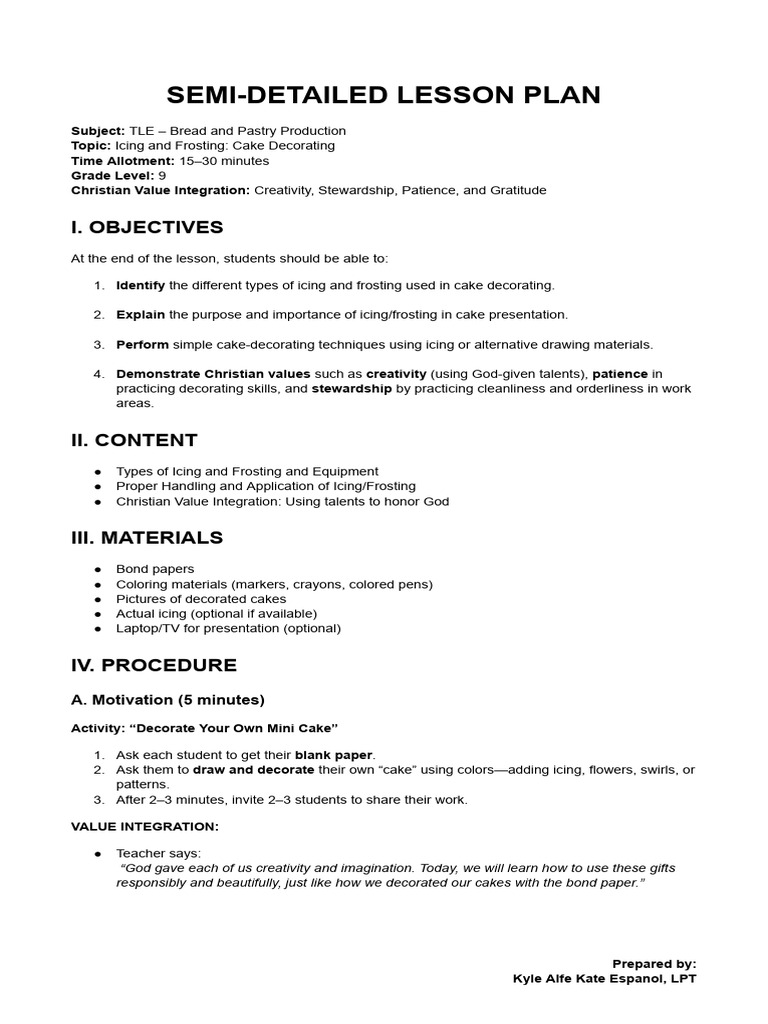 Tle Semi-Detailed Lesson Plan | PDF | Cakes | Icing (Food)