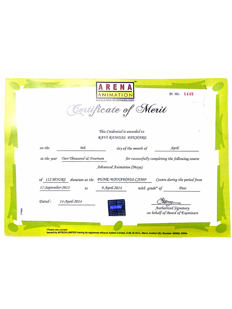 Arena Animation Certificate - 01 | PDF