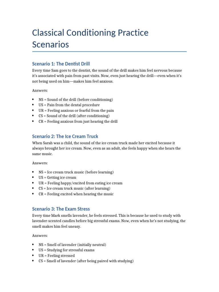 Classical Conditioning Scenarios With Answers | PDF | Classical ...