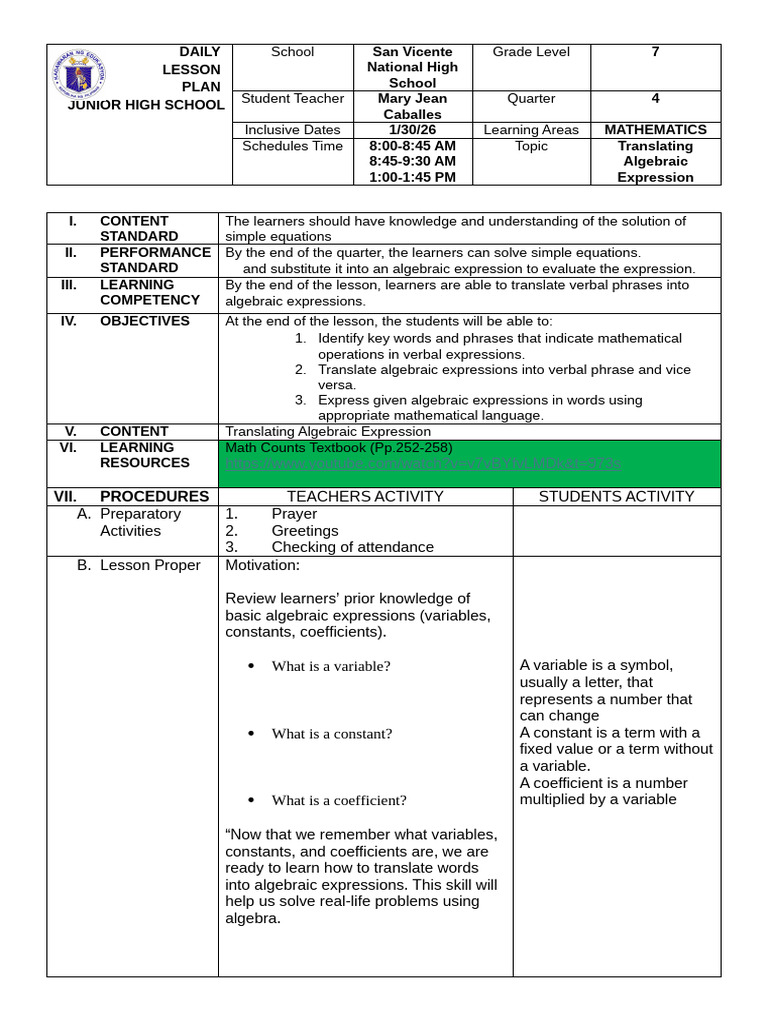 Translating Algebraic Expression DLP 2 | PDF | Variable (Mathematics ...