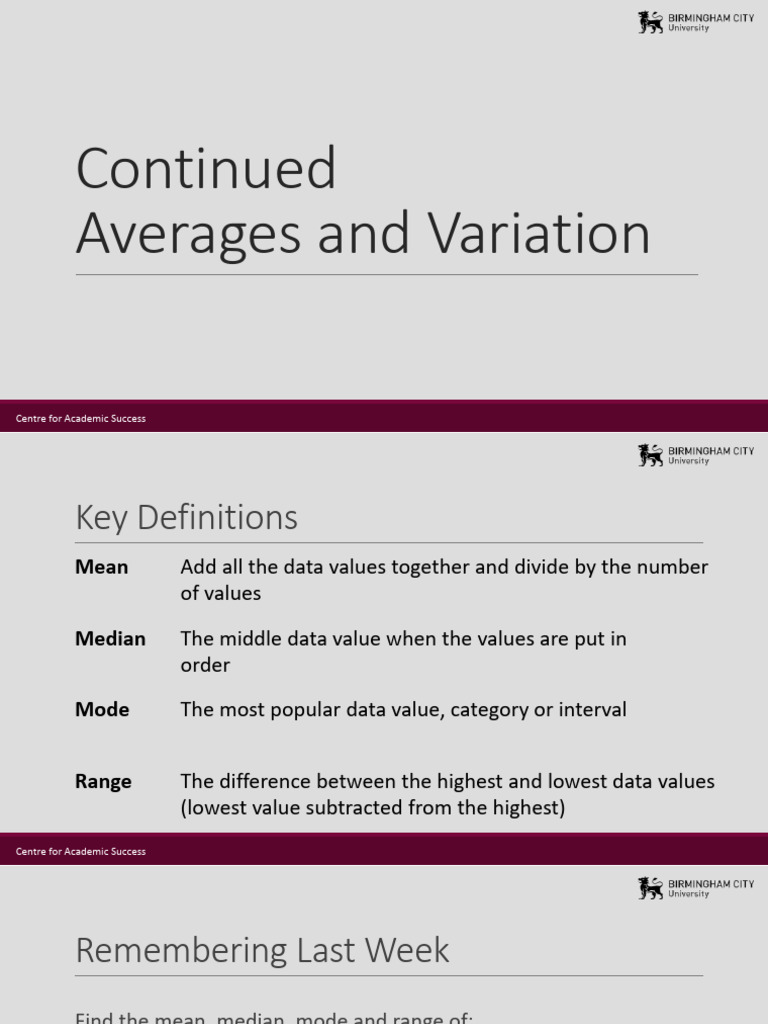Statistics Refresher 2 - Continued Averages and Variation | PDF | Mean ...