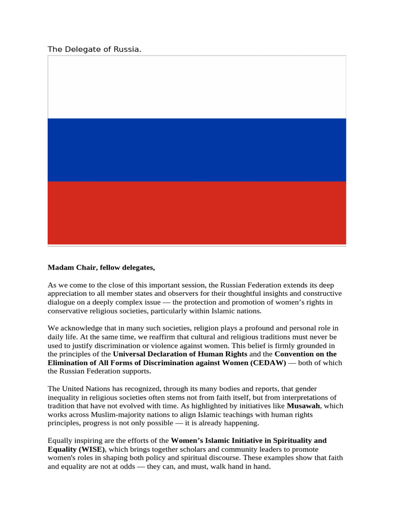 The Delegate of Russia.: Madam Chair, Fellow Delegates | PDF