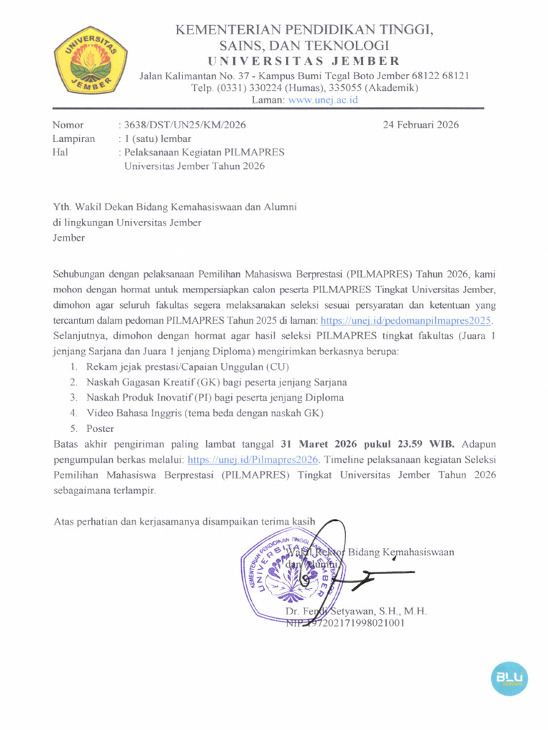 Pelaksanaan Kegiatan PILMAPRES Universitas Jember Tahun 2026 | PDF