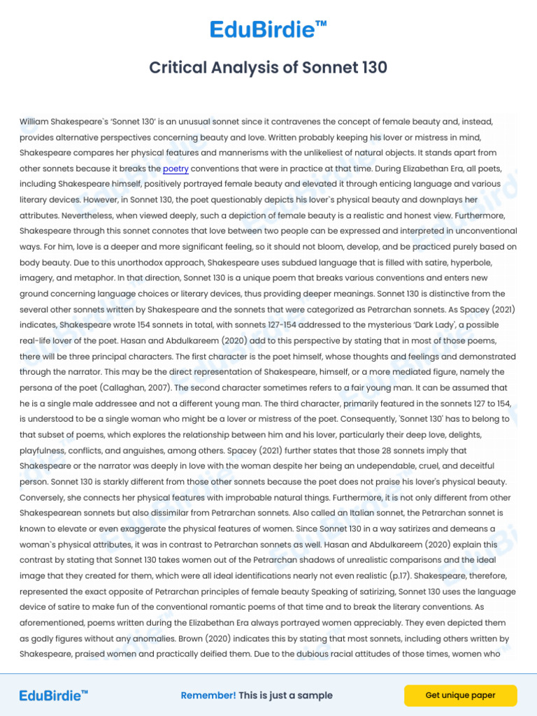 Critical Analysis of Sonnet 130 | PDF | Sonnets | Shakespeare's Sonnets