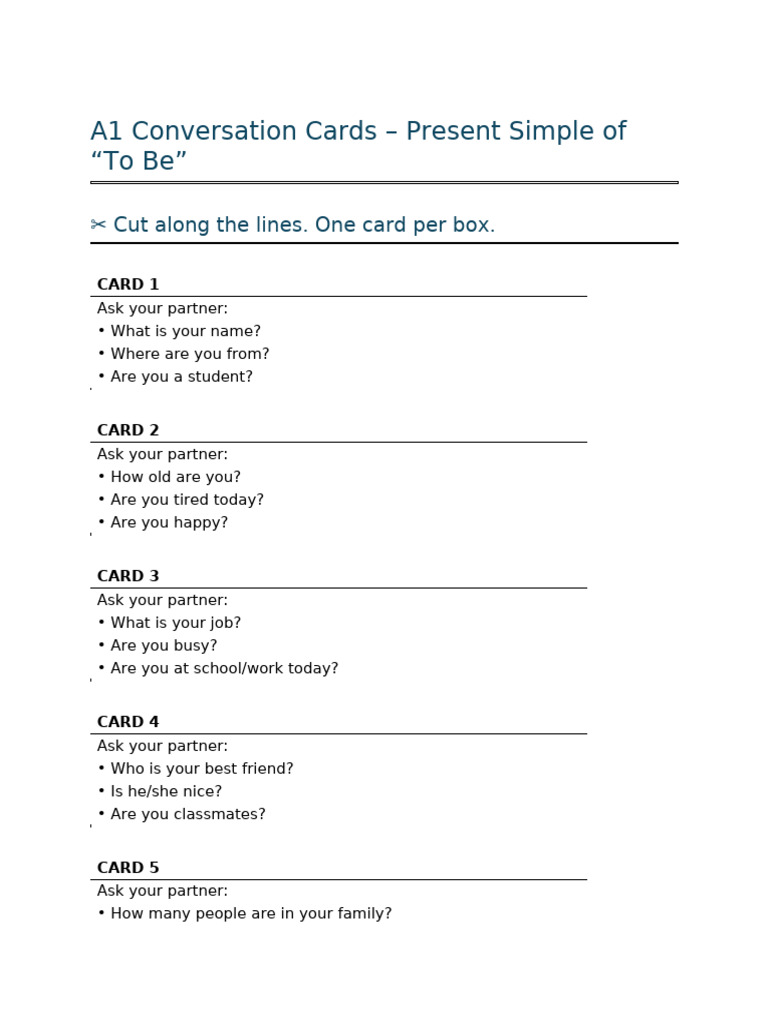 A1 Present Simple To Be Conversation Cards | PDF