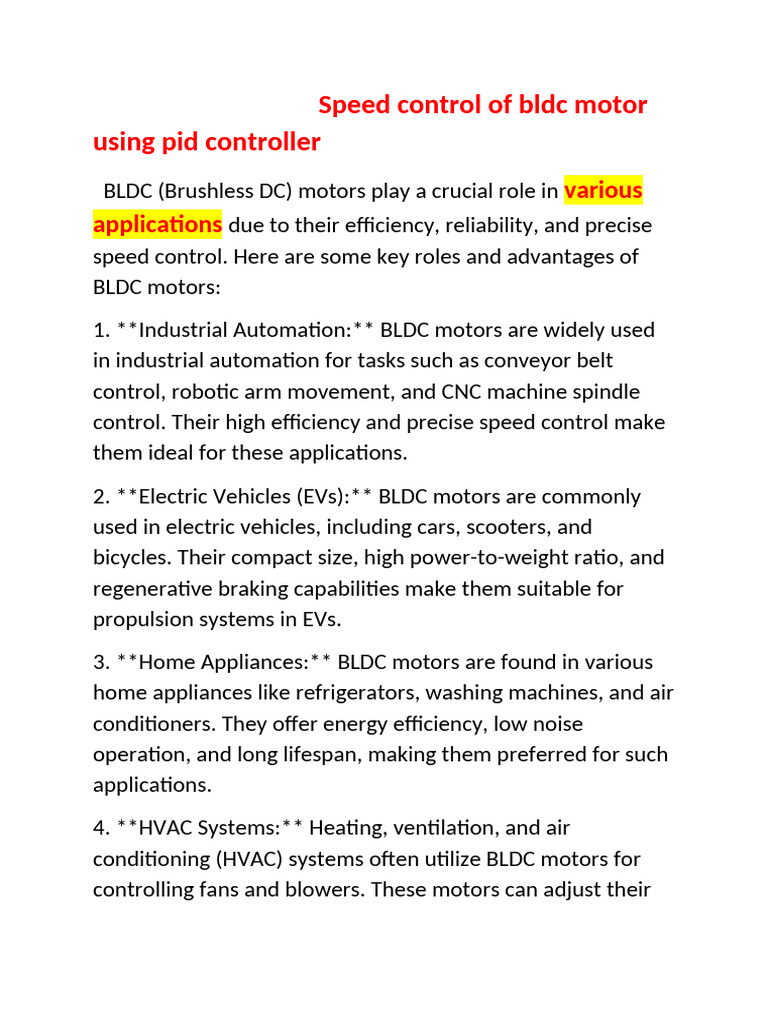 Speed Control of BLDC Motor Using Pid Controller | PDF | Electric Motor ...