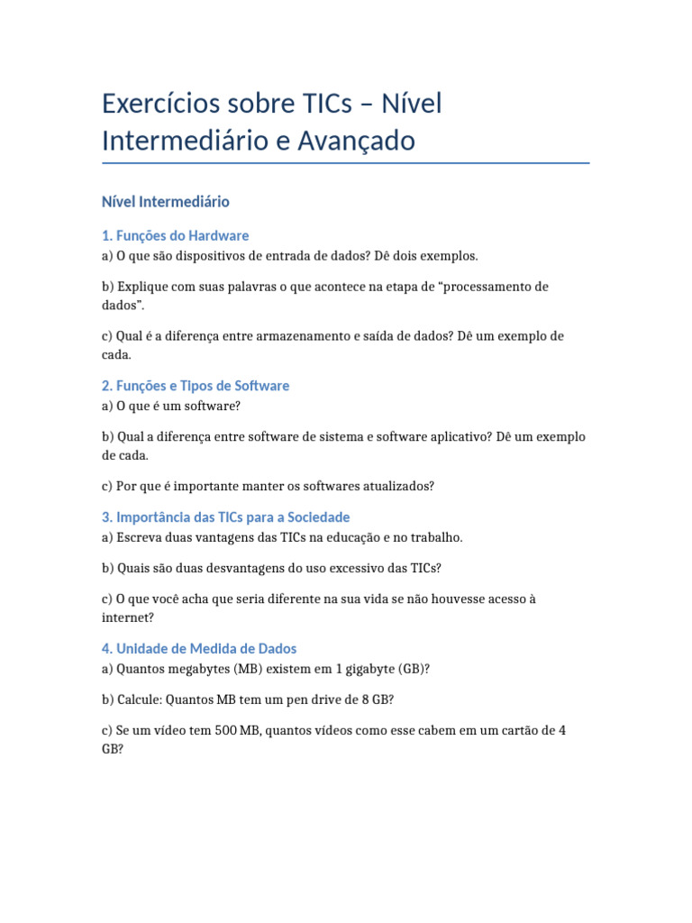 Exercicios TICs Intermediario Avancado | PDF