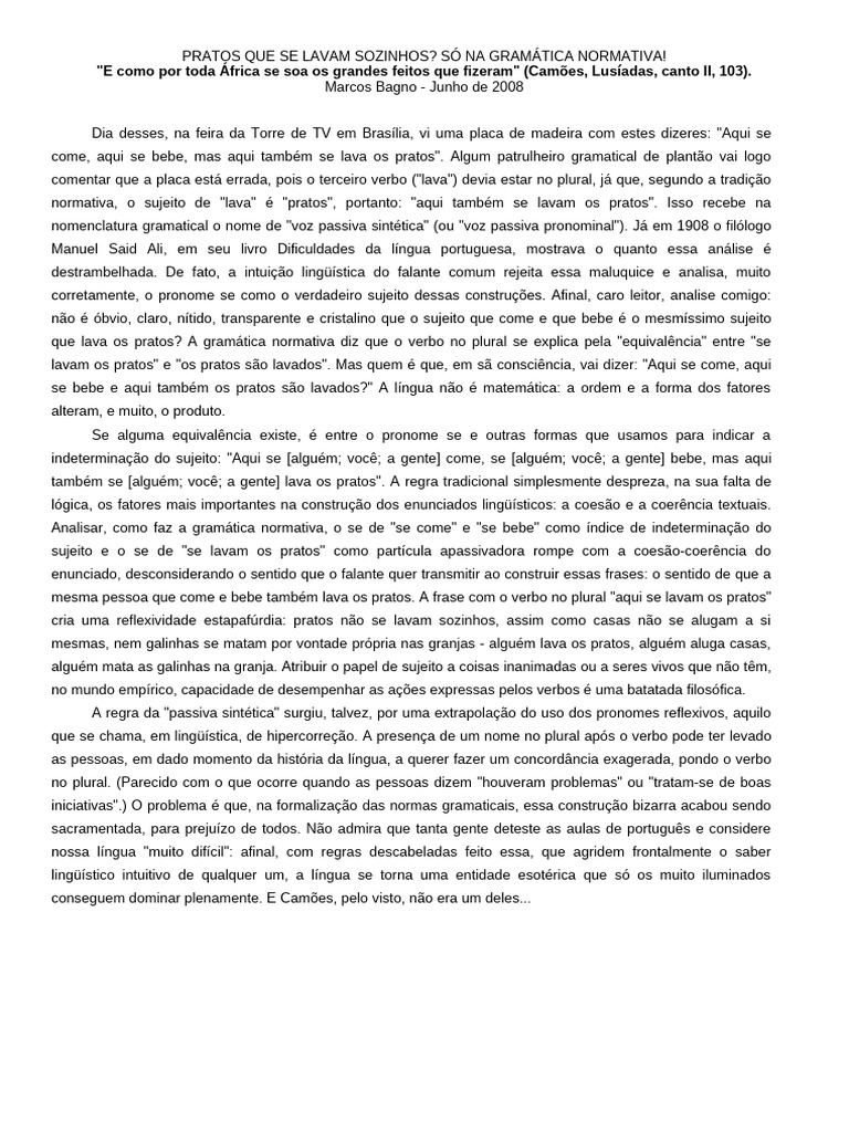 Pratos Que Se Lavam Sozinhos | PDF | Assunto (gramática) | Gramática