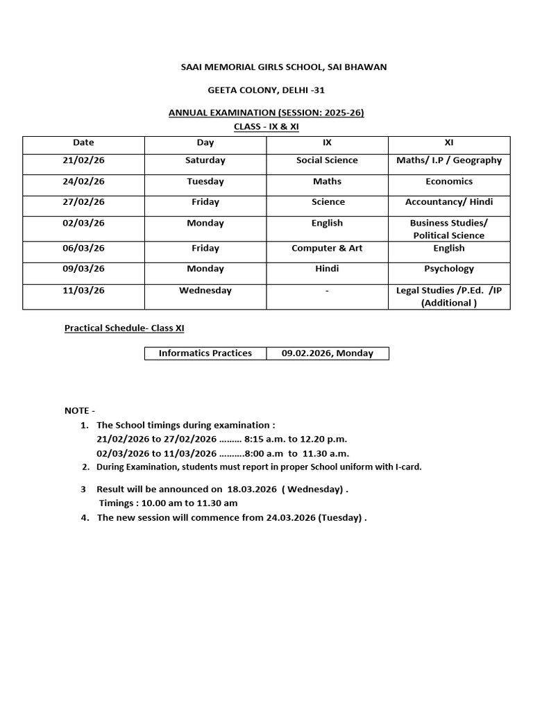 Annual Examination Date Sheet of Saai Memorial School, Geeta Colony ...