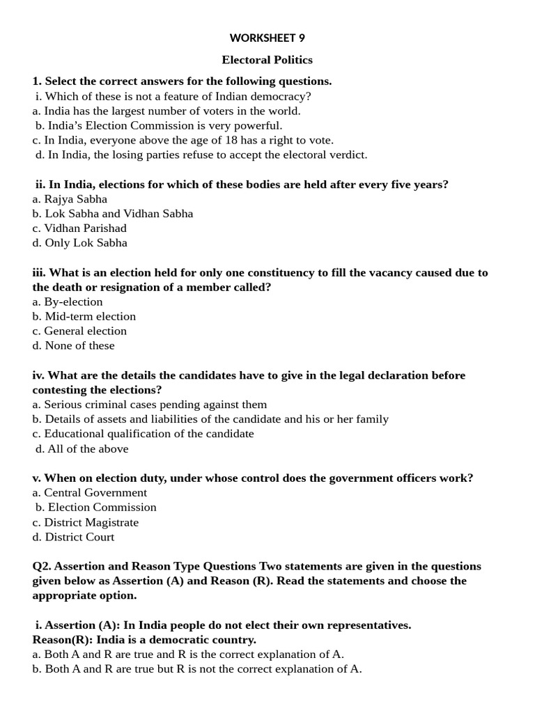 Worksheet 9 Civics Class Ix | PDF