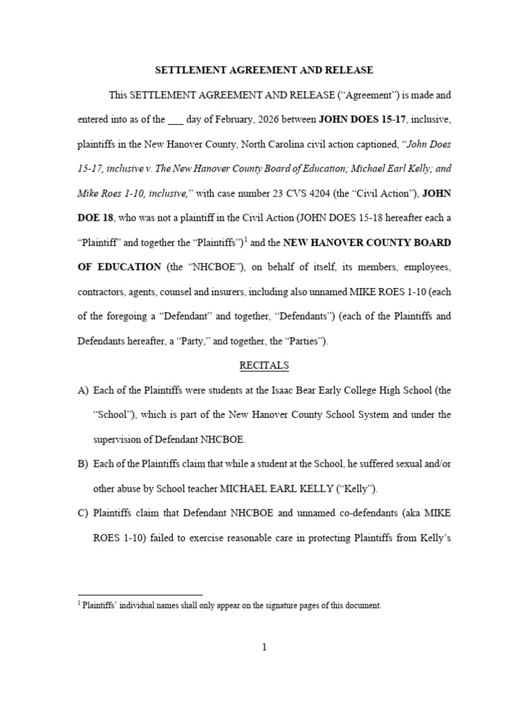 J0hn Does 15-17 v. Kelly, NHCS, Et. Al. - Settlement Agreement and ...