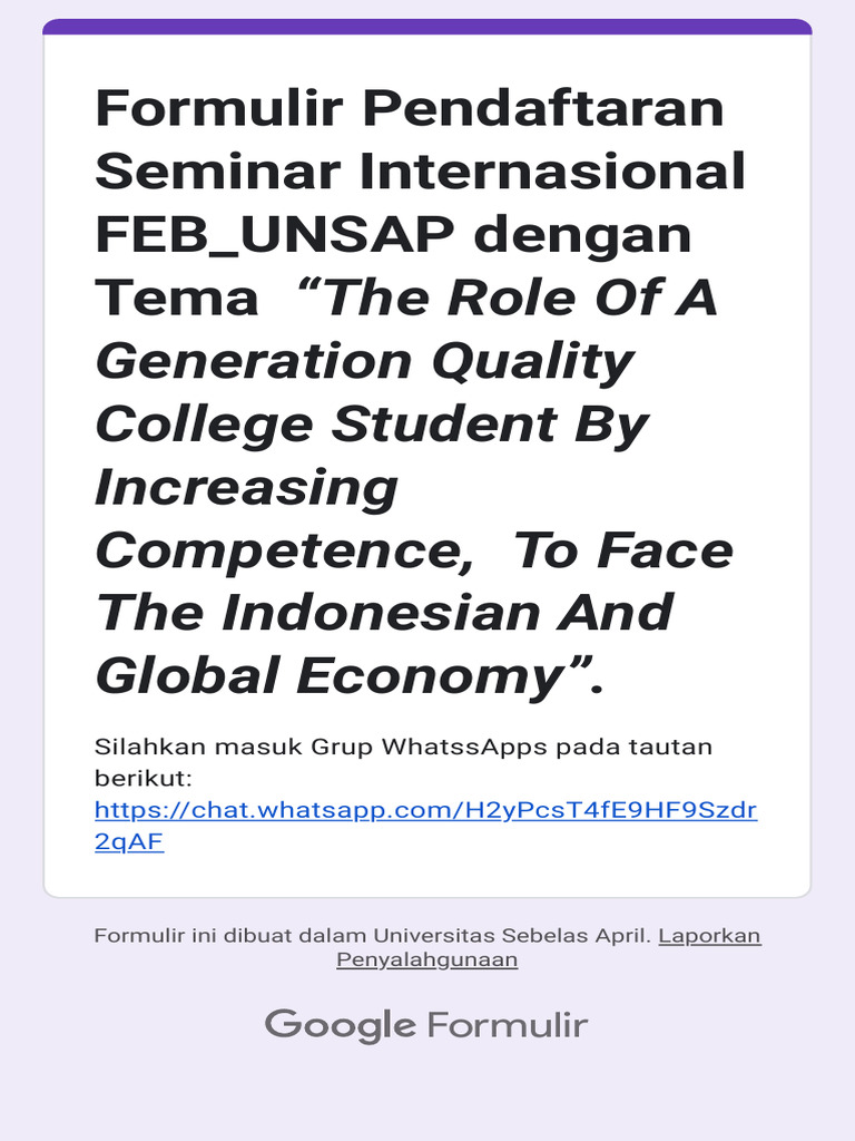Formulir Pendaftaran Seminar Internasional FEB - UN | PDF