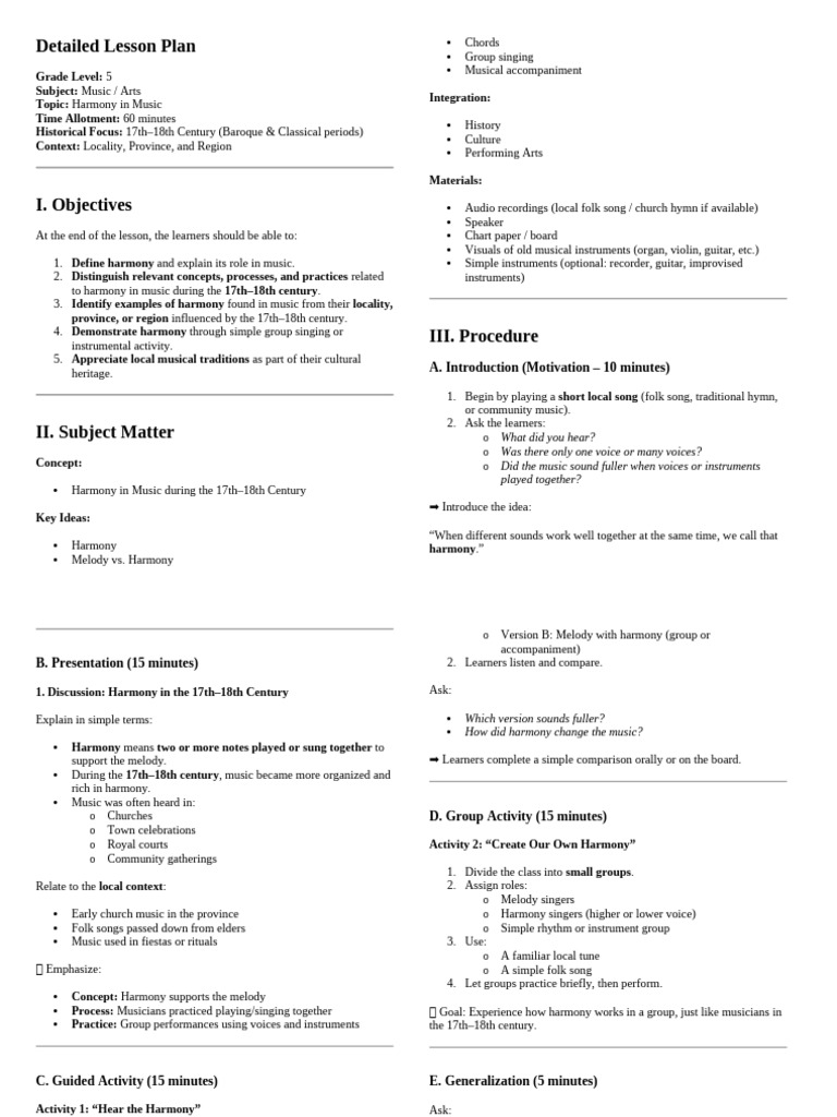 Detailed Lesson Plan Music and Arts 5 Q4 Week 1 | PDF | Songs | Harmony