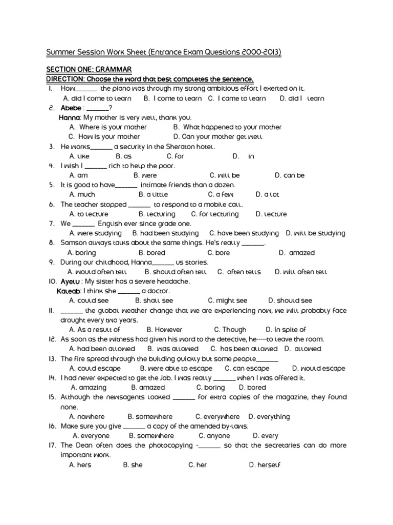 Summer Session Work Sheet Entrance Exam Questons | PDF | Cost Of Living