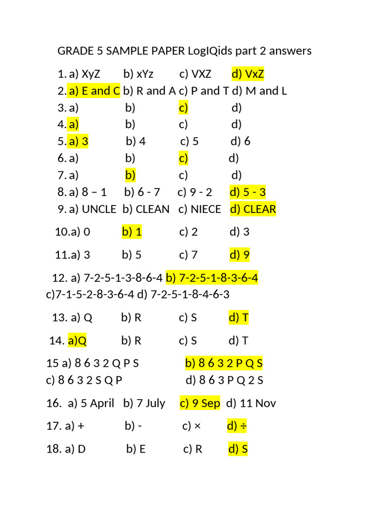 Grade 5 Sample Paper Logiqids Part 2 Answers | PDF