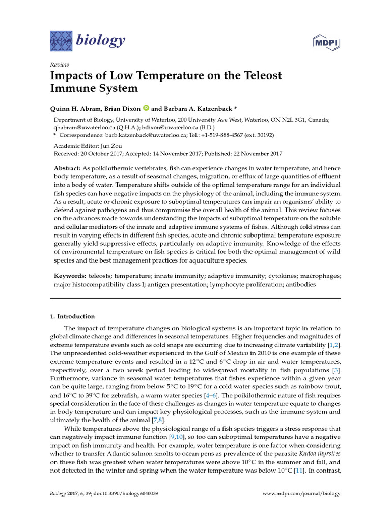 Impacts of Low Temperature On The Teleost Immune System | PDF | Mhc ...