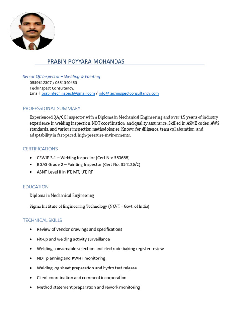 Prabin TechInspect Resume | PDF | Welding | Construction
