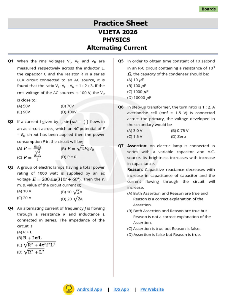 Alternating Current - Practice Sheet | PDF | Capacitor | Electrical Network
