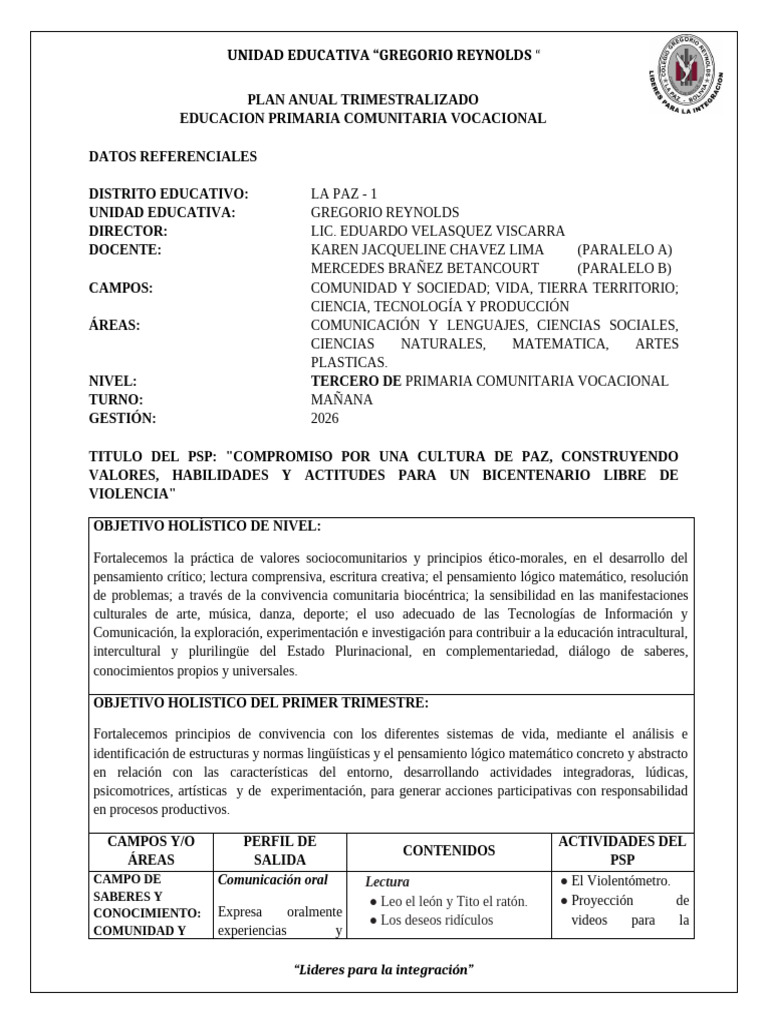 Pat 3ro de Primaria 2026. | PDF | División (Matemáticas) | Bolivia